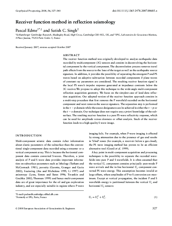 (PDF) Receiver function method in reflection seismology