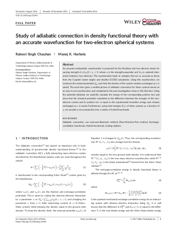 (PDF) Study of adiabatic connection in density functional theory with an accurate wavefunction ...