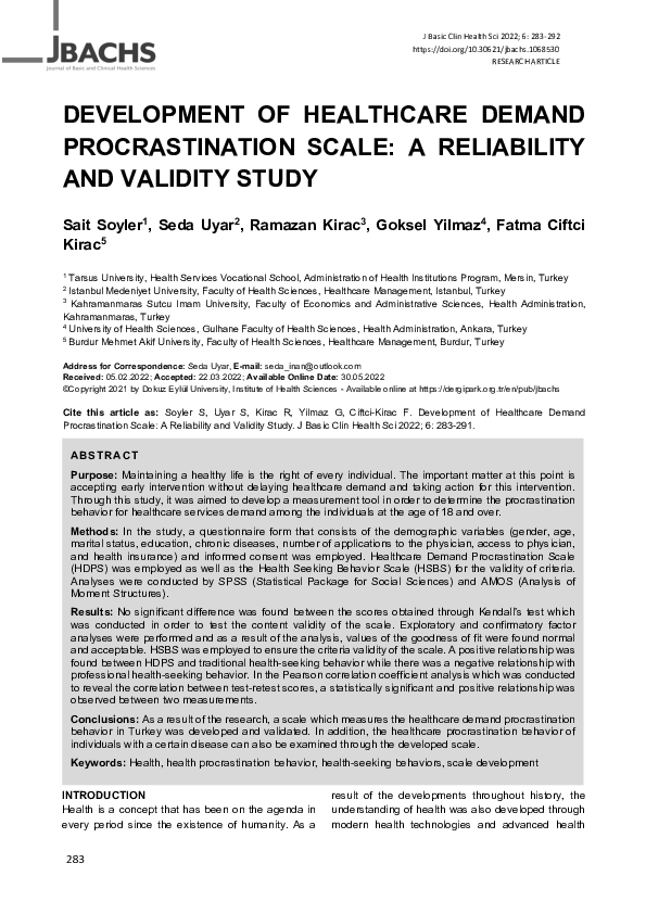 (PDF) DEVELOPMENT OF HEALTHCARE DEMAND PROCRASTINATION SCALE: A RELIABILITY AND VALIDITY STUDY ...