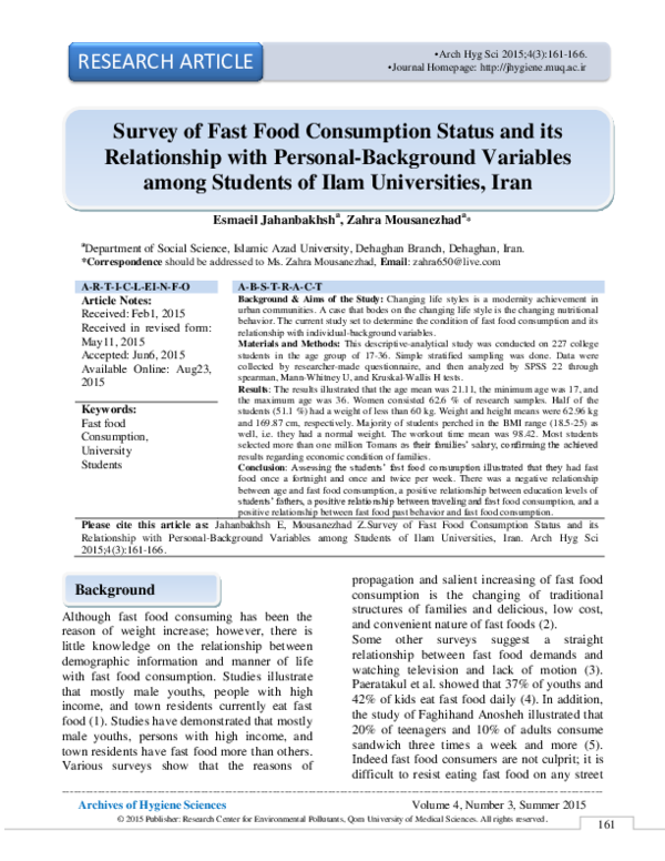 (PDF) Survey of Fast Food Consumption Status and its Relationship with ...