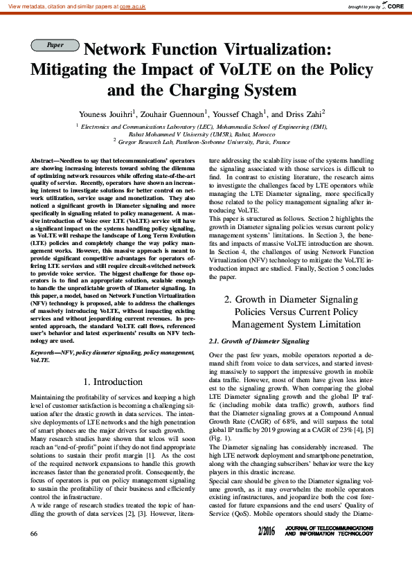 (PDF) Network Function Virtualization: Mitigating the Impact of VoLTE on the Policy and the ...