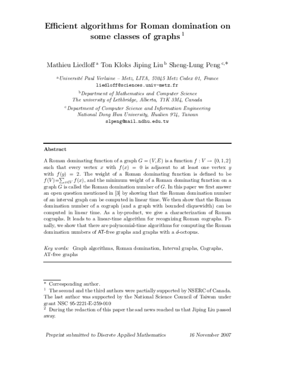 (PDF) Efficient algorithms for Roman domination on some classes of graphs