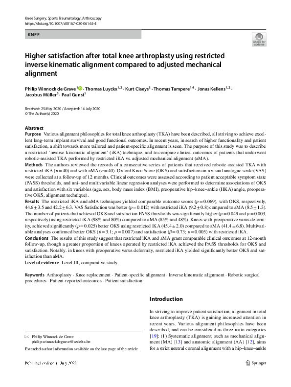 (PDF) Higher satisfaction after total knee arthroplasty using ...