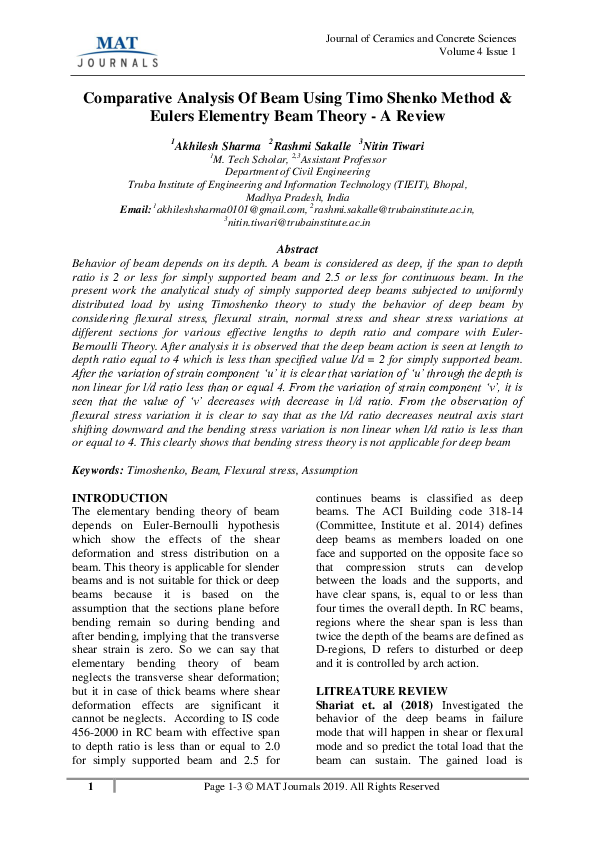 (PDF) Comparative Analysis Of Beam Using Timo Shenko Method & Eulers Elementry Beam Theory - A ...
