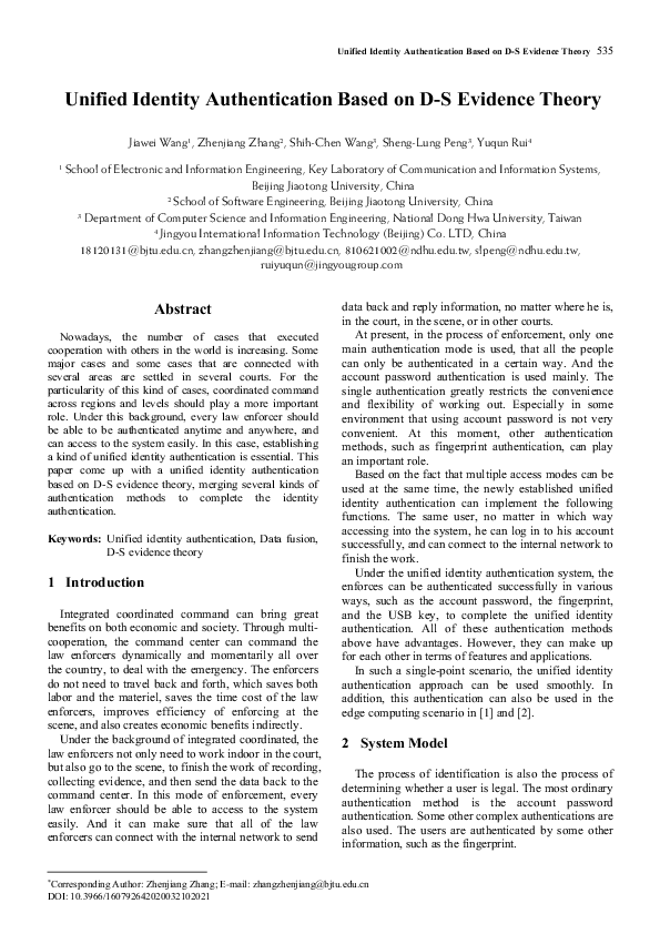 (PDF) Unified Identity Authentication Based on D-S Evidence Theory