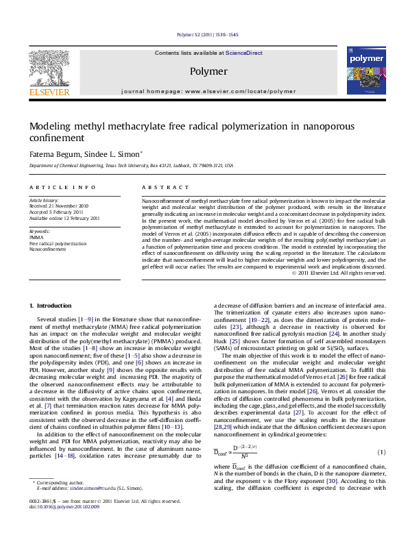 Modeling methyl methacrylate free radical polymerization in nanoporous ...