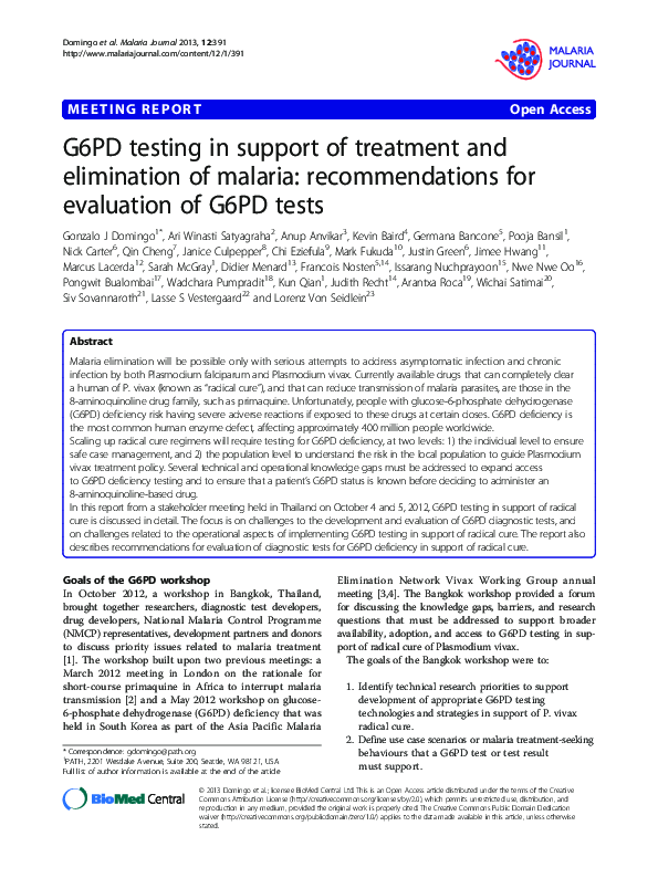 (PDF) G6PD testing in support of treatment and elimination of malaria ...