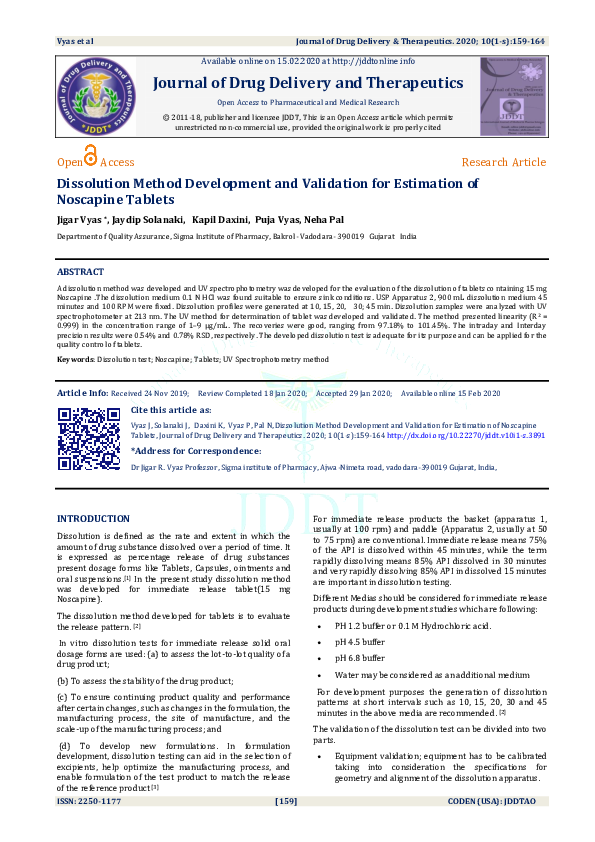 (PDF) Dissolution Method Development and Validation for Estimation of Noscapine Tablets