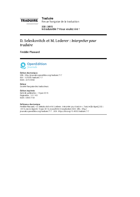(PDF) D. Seleskovitch et M. Lederer : Interpréter pour traduire