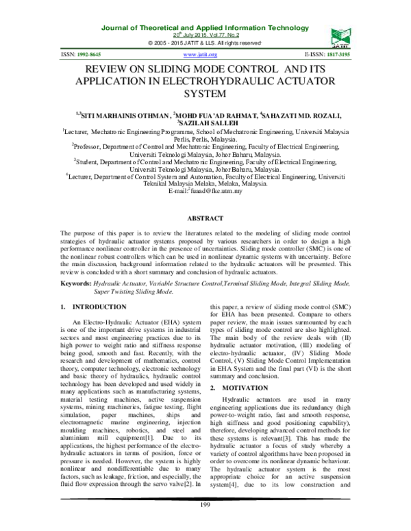 Pdf Review On Sliding Mode Control And Its Application In Electrohydraulic Actuator System