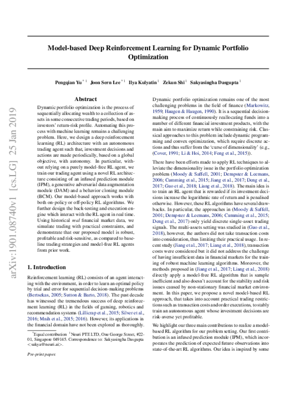 Pdf Model Based Deep Reinforcement Learning For Dynamic Portfolio