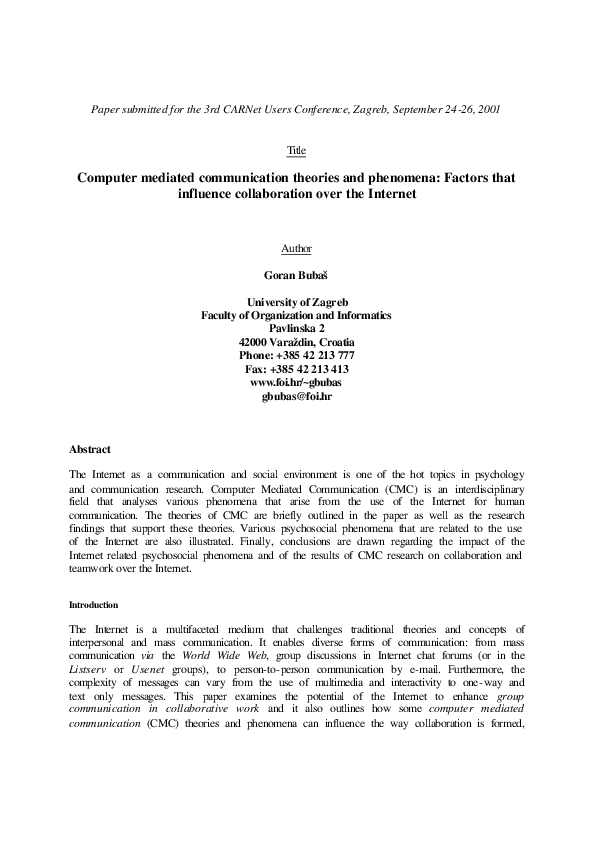 Pdf Computer Mediated Communication Theories And Phenomena Factors That Influence