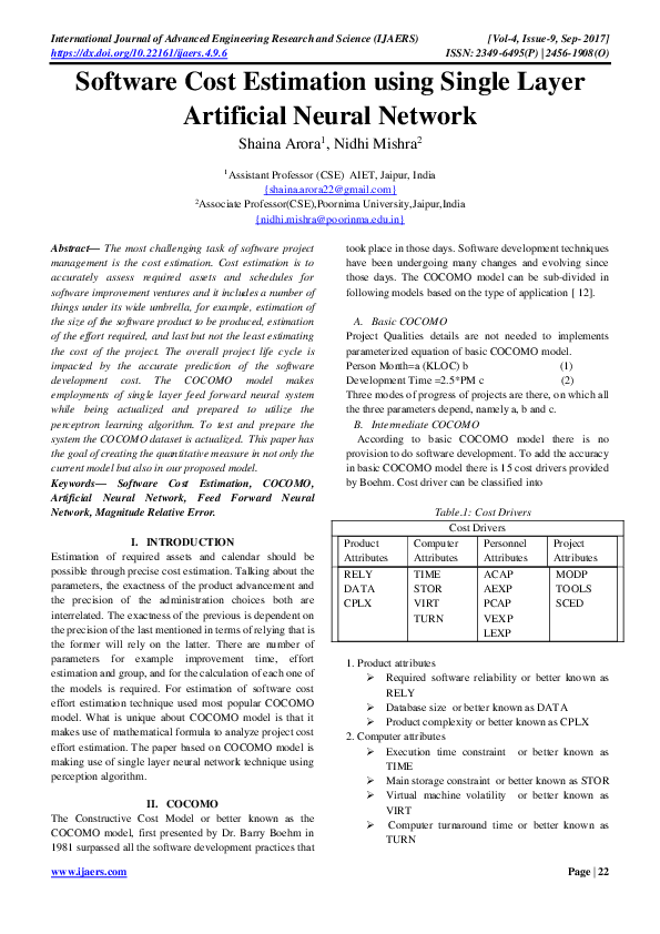 (PDF) Software Cost Estimation using Single Layer Artificial Neural Network