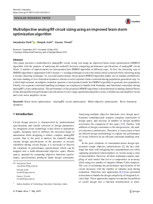 (PDF) Multiobjective analog/RF circuit sizing using an improved brain storm optimization ...