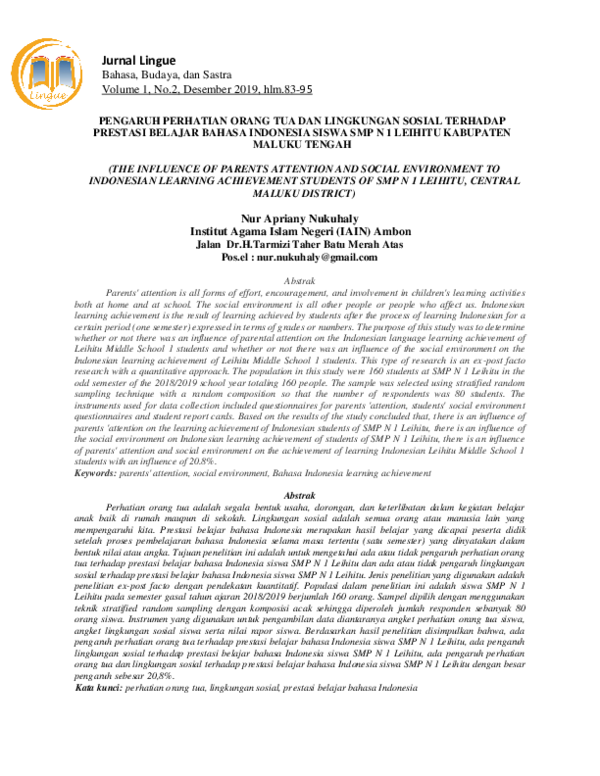 (PDF) Pengaruh Perhatian Orang Tua Dan Lingkungan Sosial Terhadap Prestasi Belajar Bahasa ...