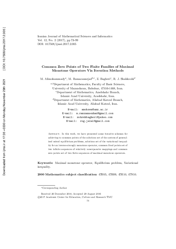 (PDF) Common Zero Points of Two Finite Families of Maximal Monotone Operators via Proximal Point ...