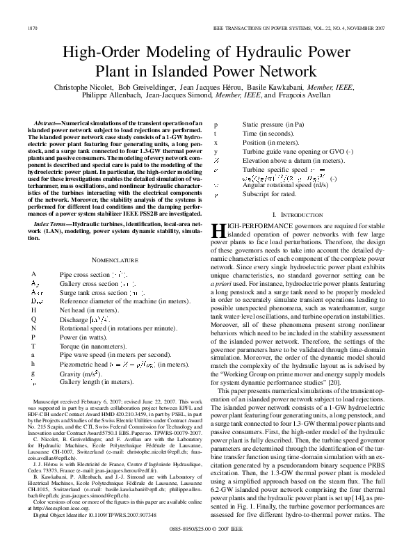 (PDF) High-Order Modeling of Hydraulic Power Plant in Islanded Power ...