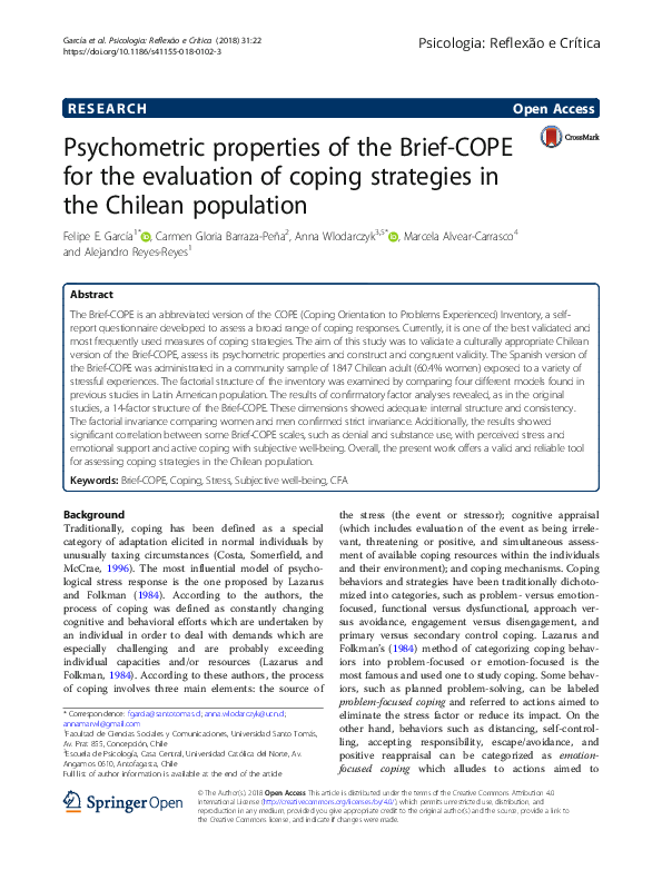 (PDF) Psychometric properties of the Brief-COPE for the evaluation of ...