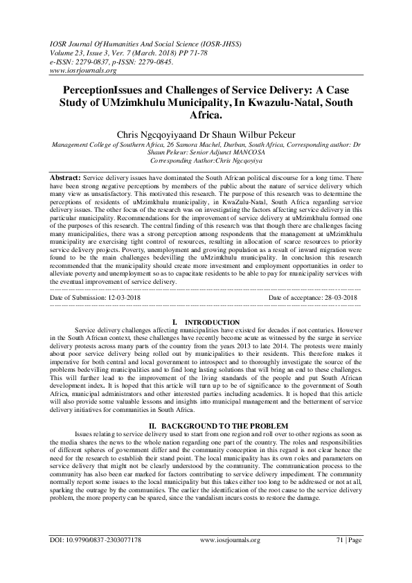 (PDF) PerceptionIssues and Challenges of Service Delivery: A Case Study ...