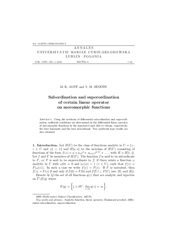 (PDF) Subordination and superordination of certain linear operator on ...