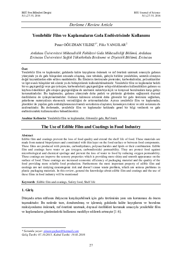 (PDF) Yenilebilir Film ve Kaplamaların Gıda Endüstrisinde Kullanımı