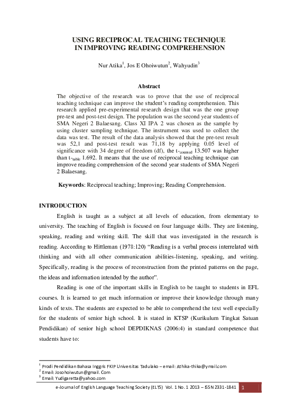 (PDF) Using Reciprocal Teaching Technique in Improving Reading Comprehension