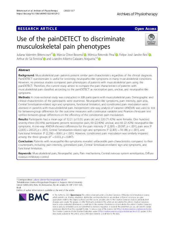 (PDF) Use of the painDETECT to discriminate musculoskeletal pain phenotypes