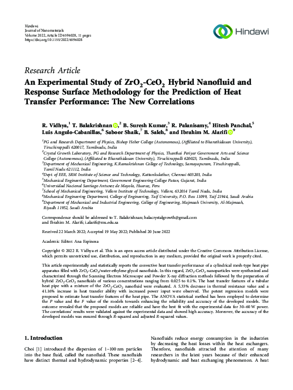 (PDF) An Experimental Study of ZrO2-CeO2 Hybrid Nanofluid and Response ...
