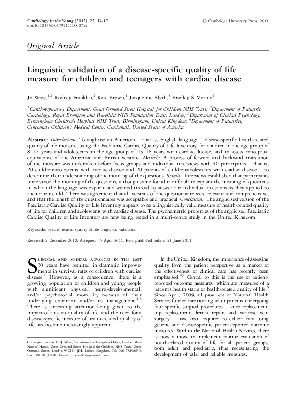 (PDF) Linguistic validation of a disease-specific quality of life measure for children and ...