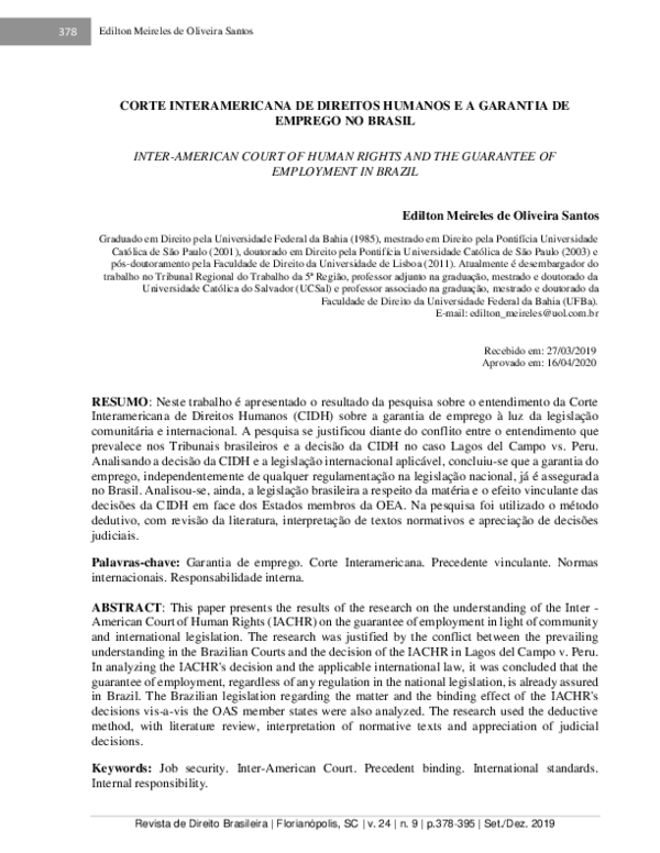 (PDF) Corte Interamericana De Direitos Humanos e a Garantia De Emprego No Brasil
