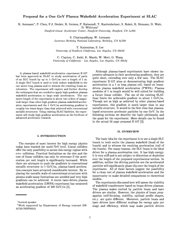 (PDF) Proposal for a one GeV plasma wakefield acceleration experiment ...