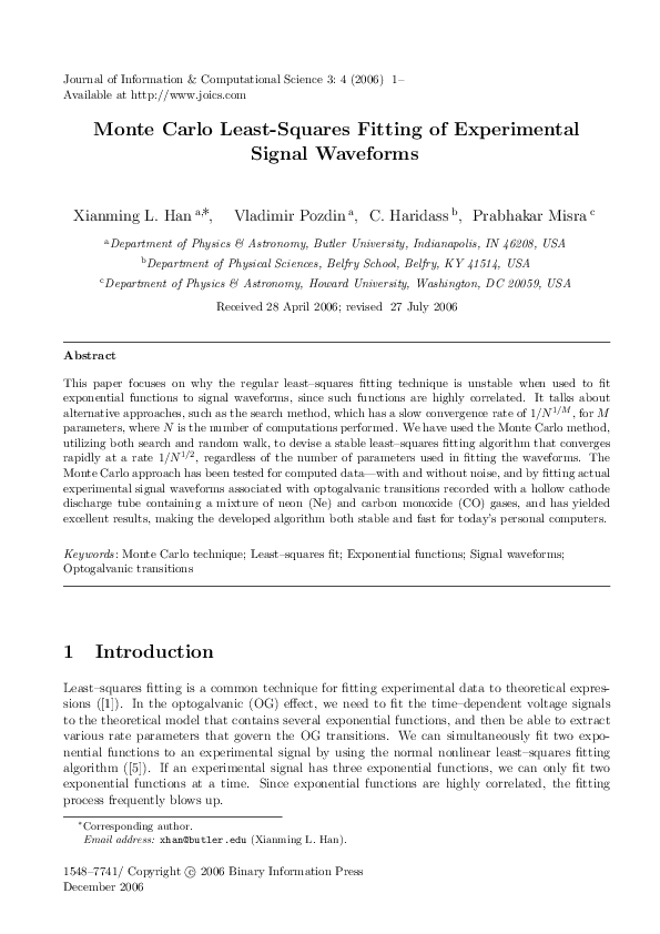 (PDF) Monte Carlo least-squares fitting of experimental signal waveforms