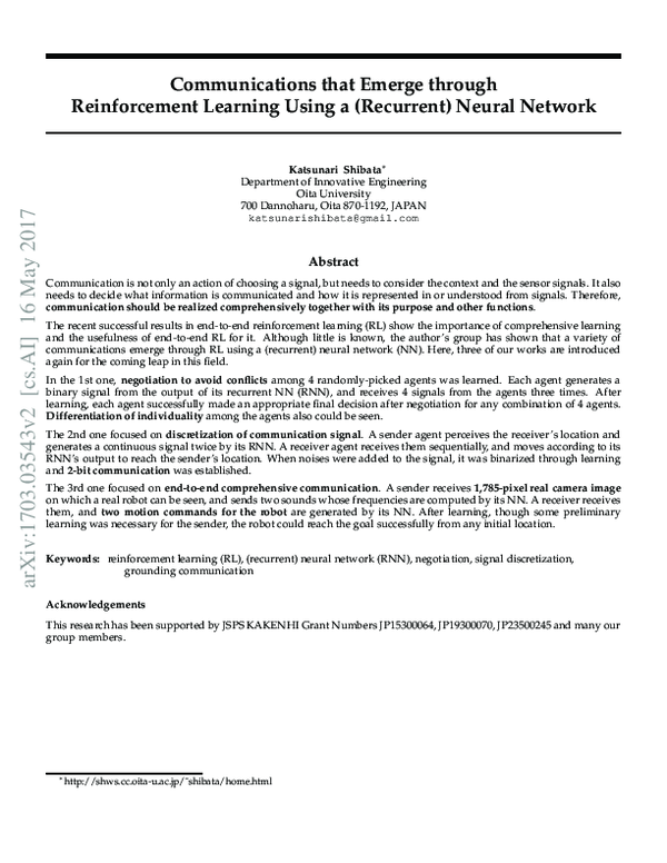 (PDF) Communications that Emerge through Reinforcement Learning Using a (Recurrent) Neural Network