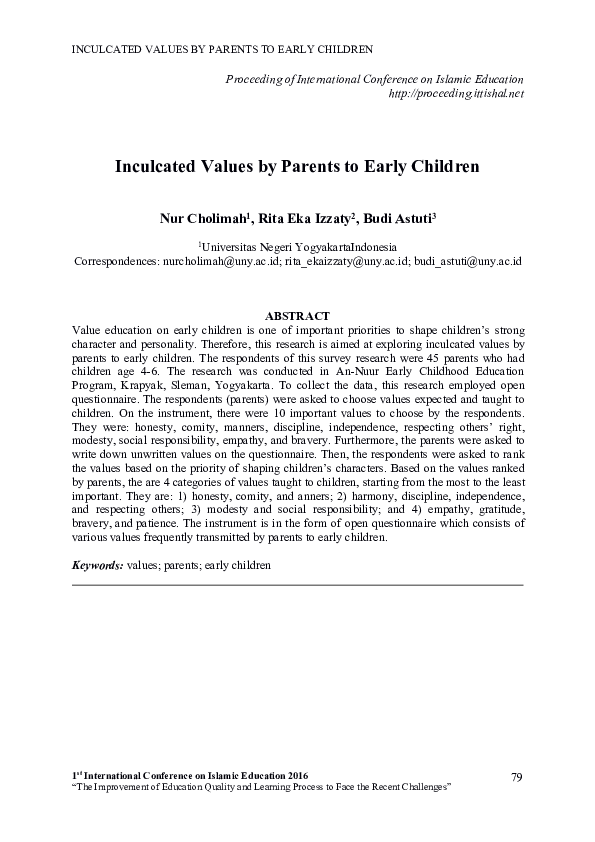 (PDF) Inculcated Values by Parents to Early Children