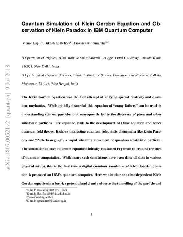 (PDF) Quantum Simulation of Klein-Gordon Equation