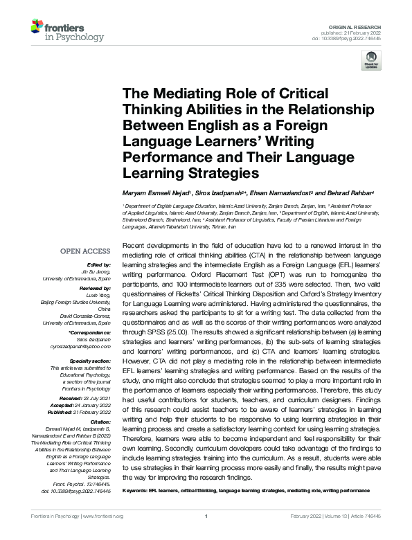 (PDF) The Mediating Role of Critical Thinking Abilities in the Relationship Between English as a ...