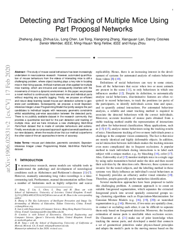 (PDF) Detection and Tracking of Multiple Mice Using Part Proposal Networks