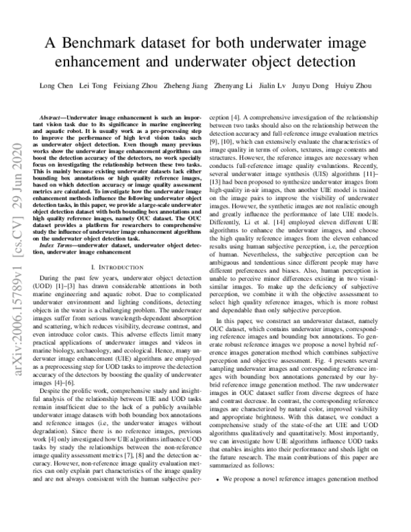 Pdf A Benchmark Dataset For Both Underwater Image Enhancement And Underwater Object Detection