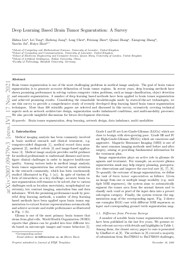 (PDF) Deep Learning Based Brain Tumor Segmentation: A Survey