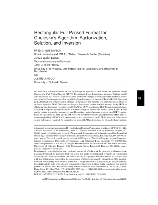 (PDF) Rectangular full packed format for cholesky's algorithm