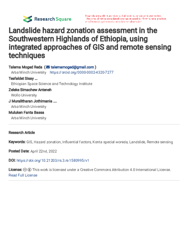 (PDF) Landslide hazard zonation assessment in the Southwestern Highlands of Ethiopia, using ...