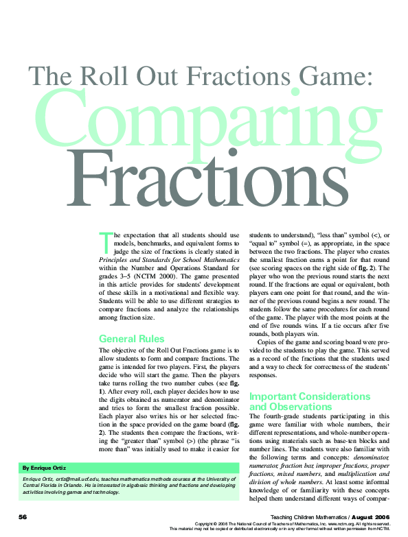 (PDF) The Roll Out Fractions Game: Comparing Fractions