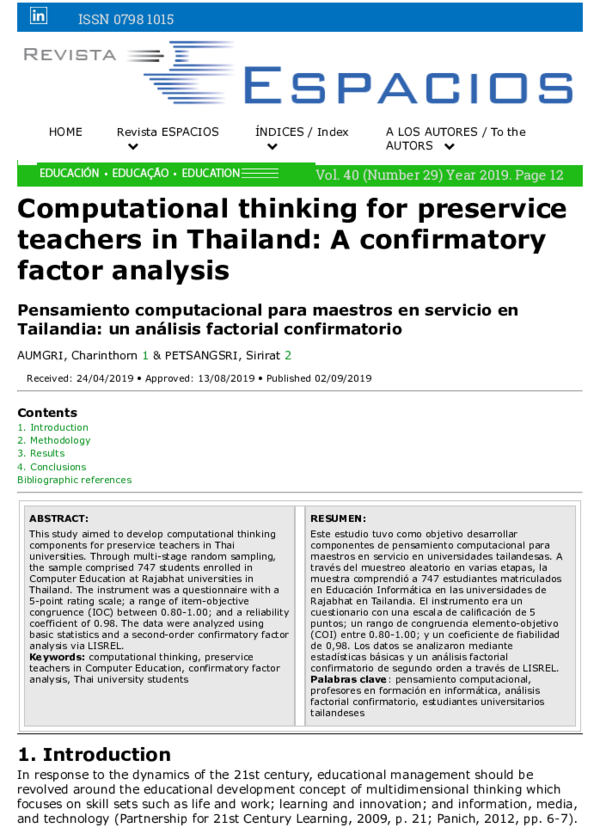(PDF) Computational thinking for preservice teachers in Thailand. A confirmatory factor analysis