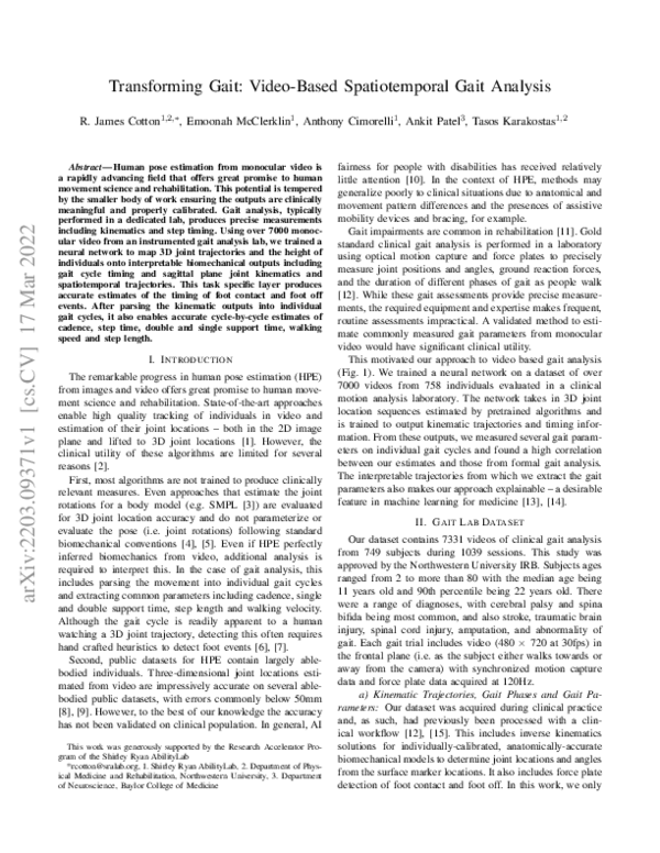 Pdf Transforming Gait Video Based Spatiotemporal Gait Analysis