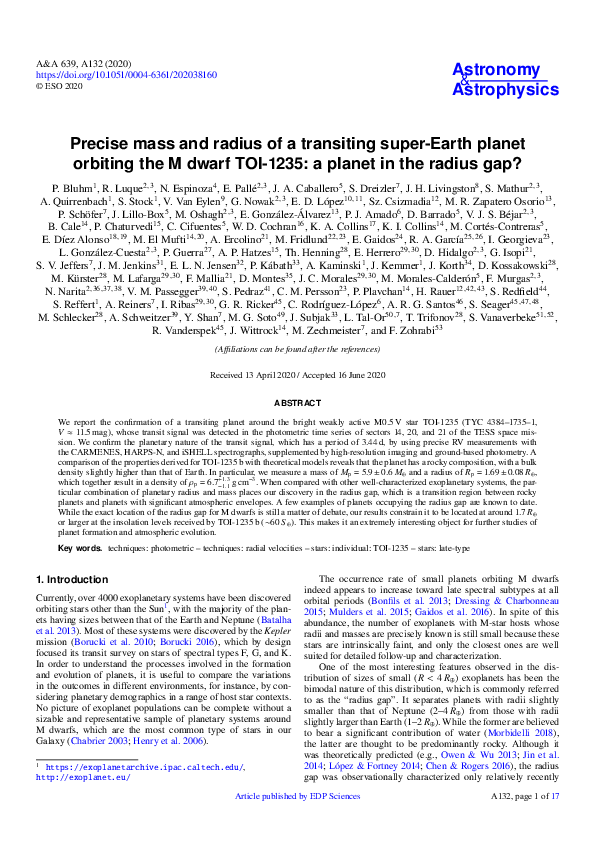 (PDF) Precise mass and radius of a transiting super-Earth planet orbiting the M dwarf TOI-1235 ...
