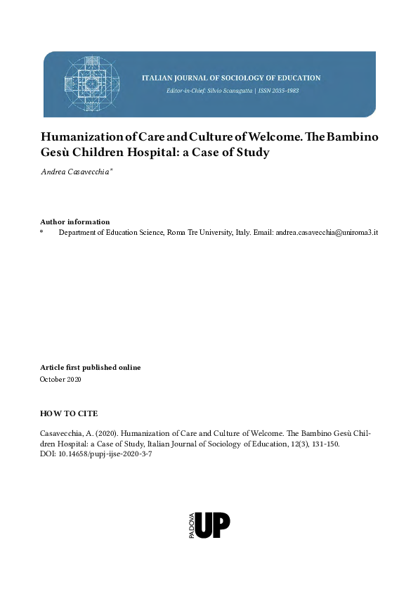 (PDF) Humanization of Care and Culture of Welcome. The Bambino Gesù ...