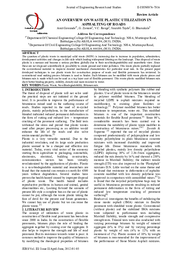(PDF) An Overview on Waste Plastic Utilization in Asphalting of Roads