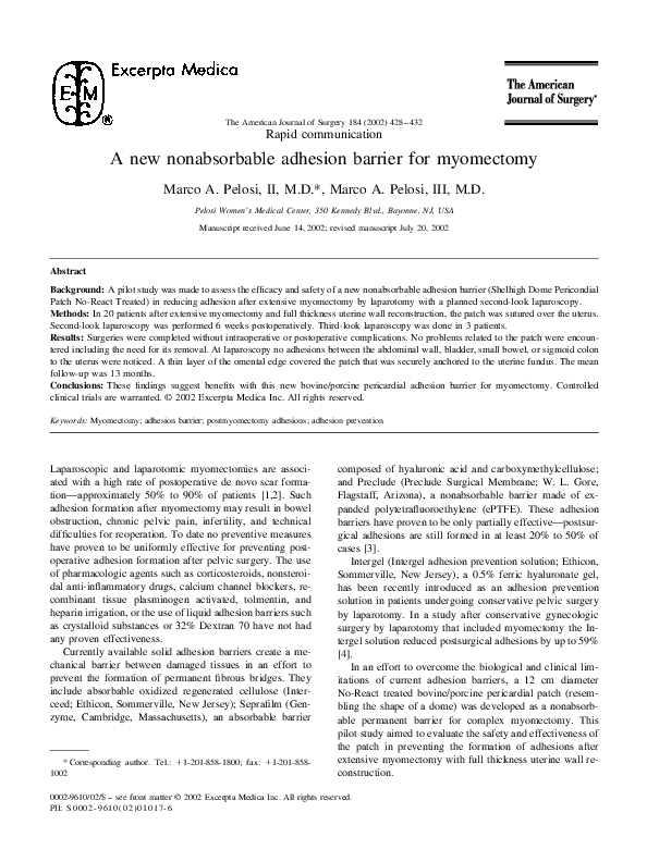 (PDF) A new nonabsorbable adhesion barrier for myomectomy