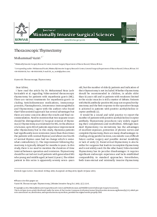 (PDF) Thoracoscopic Thymectomy