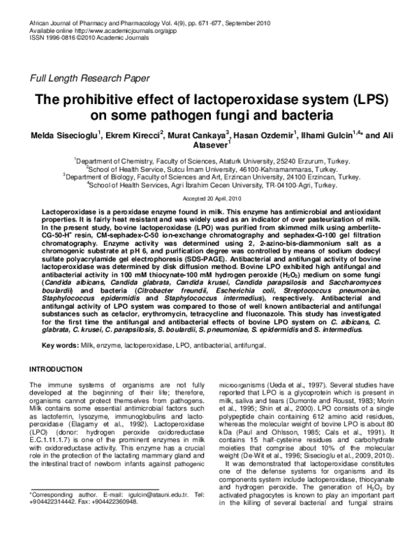 (PDF) The prohibitive effect of lactoperoxidase system (LPS) on some ...